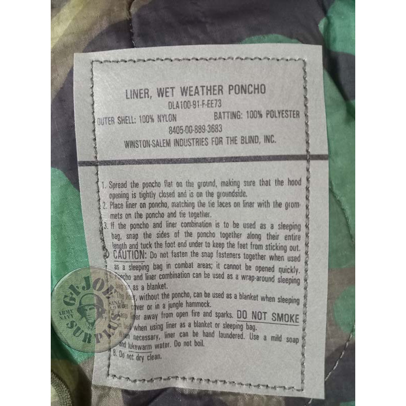 US ARMY PONCHO LINER WOODLAND CAMO NEW